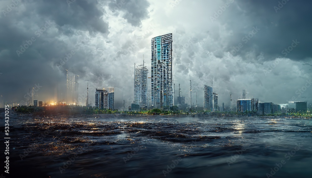 Strong wind with rain in the city. Buildings of houses on the surface ...