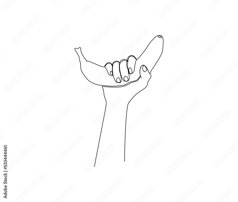 Continuous one line drawing of Hand Holding Banana. Hand holds banana fruit line art drawing ...