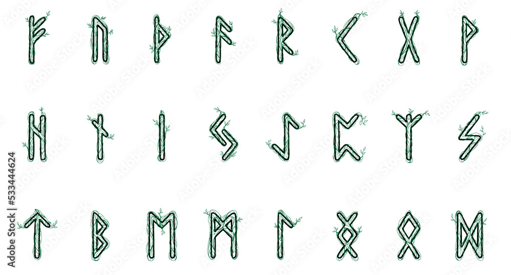 Runes SET WOODEN color. Doodle style. A magical amulets. Elder Futhark. The alphabet is Nordic ...