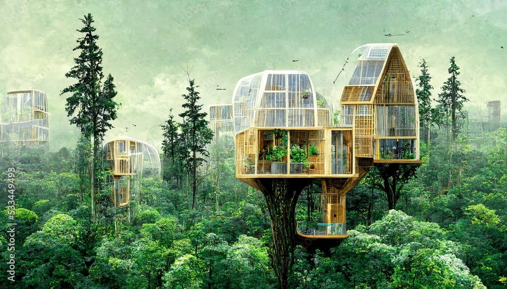 Spectacular image of a sustainable tree house surrounded by greenery in ...