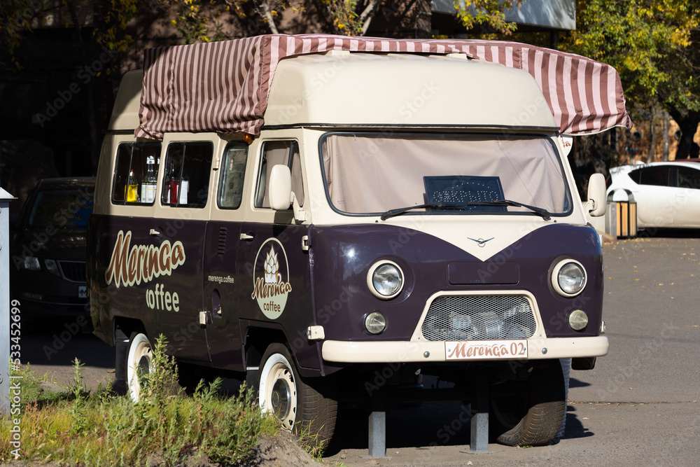 Krasnoyarsk, Russia - 23 September, 2022: Mobile coffee shop in brown ...