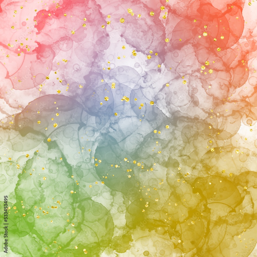 Rainbow Alcohol Ink Textured and Gold Glitter Background Stock ...