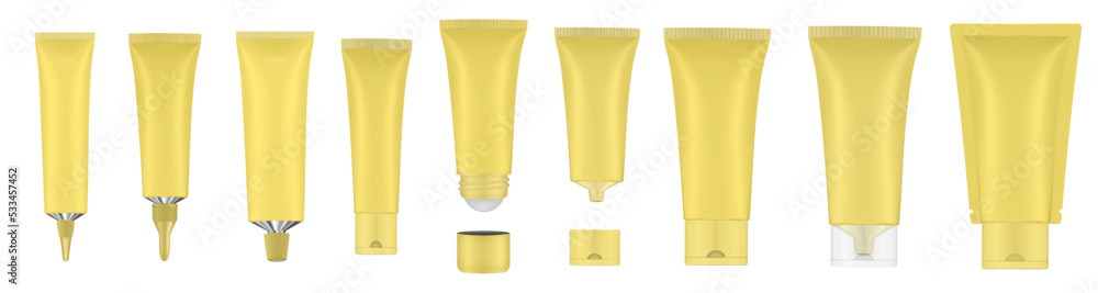 Set of yellow tubes and bottles. Roller ball tube. Open and closed ...
