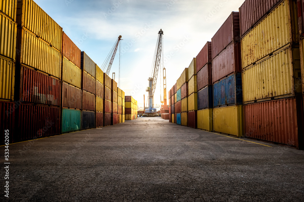 Containers stacked at the terminal. Two stacks of containers piled up ...