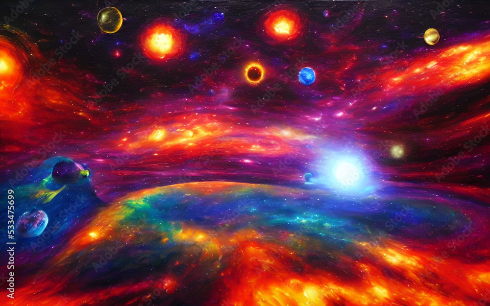 A dreamy and psychedelic solar system is floating in space. The bright ...