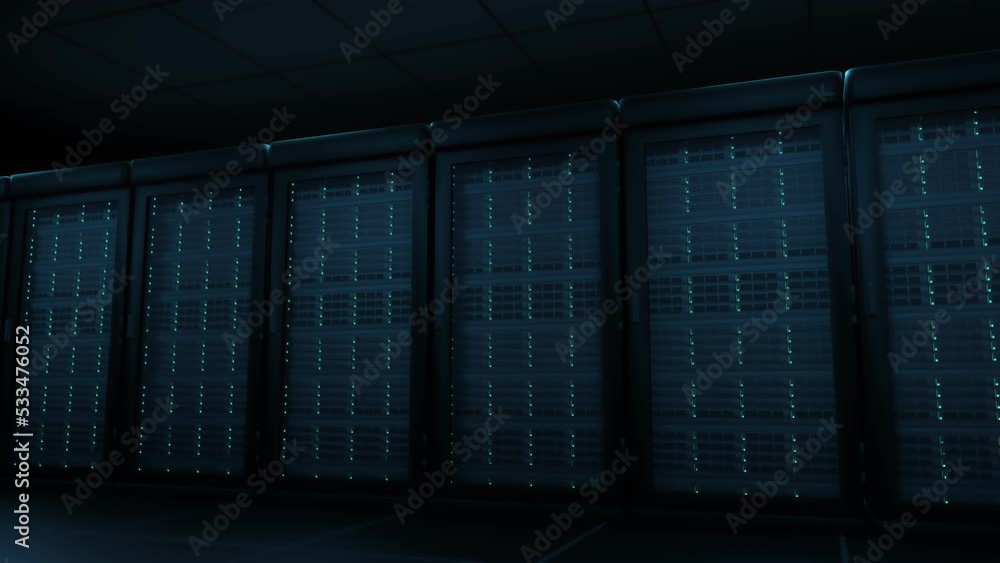 Row of operating server racks in modern data center room, 3d rendering ...