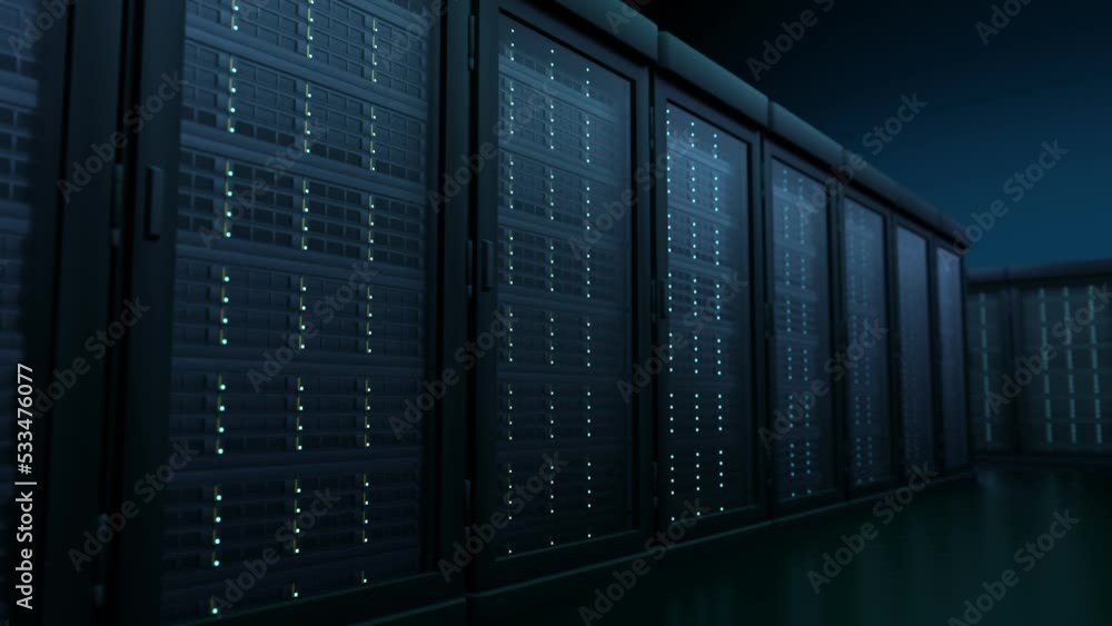 Row of operating server racks in modern data center room, 3d rendering ...