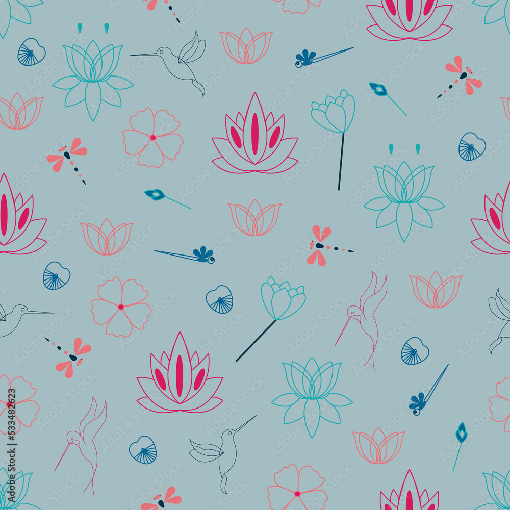 Blue grey repeat pattern design, featuring lotus flower, humming birds ...