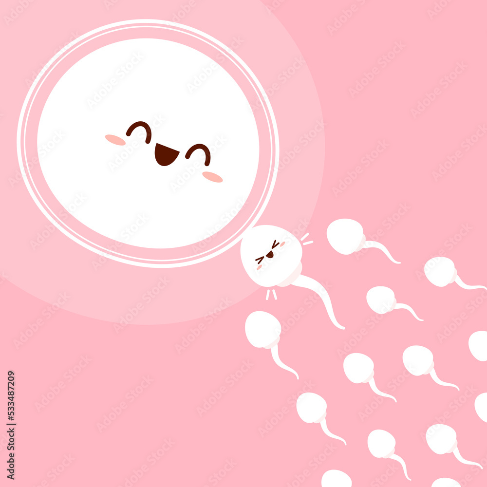 Cute happy funny sperm cell and Ovum. Vector flat line cartoon ...