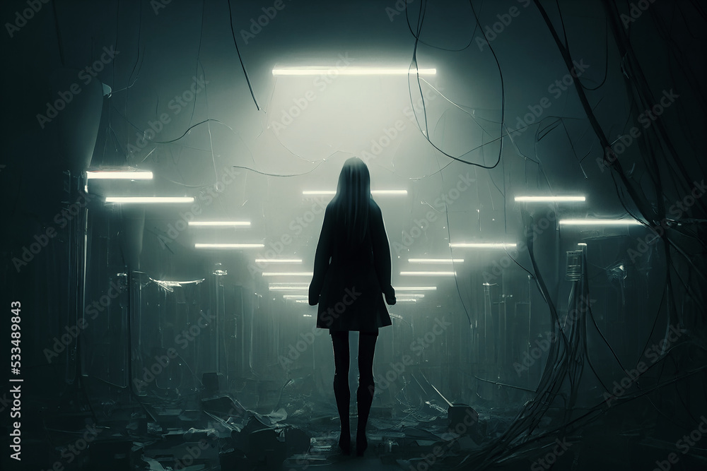 Girl in Abandoned Ruined Laboratory Post Sci-Fi Apocalyptic Scene Art ...