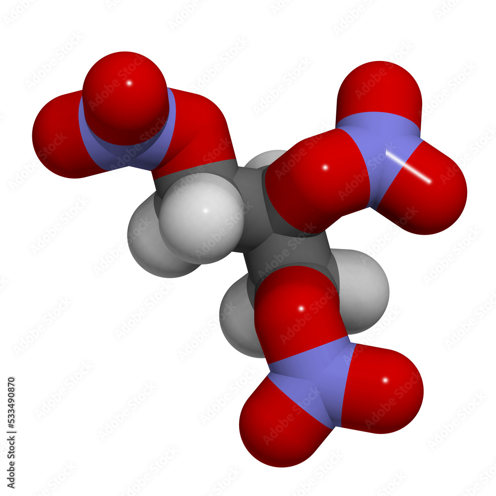 Nitroglycerin (glyceryl trinitrate) explosive molecule. Used in ...