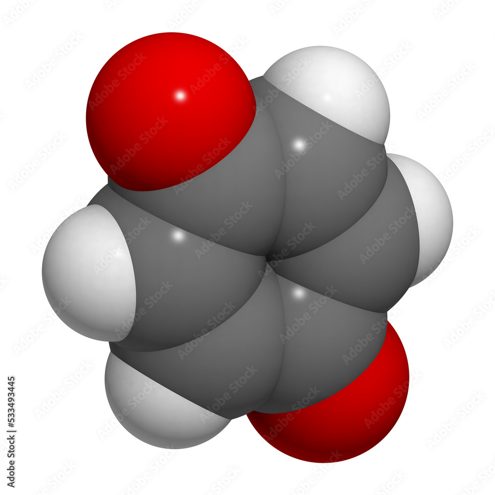 Benzoquinone (quinone, para-benzoquinone) molecule. 3D rendering. Atoms ...