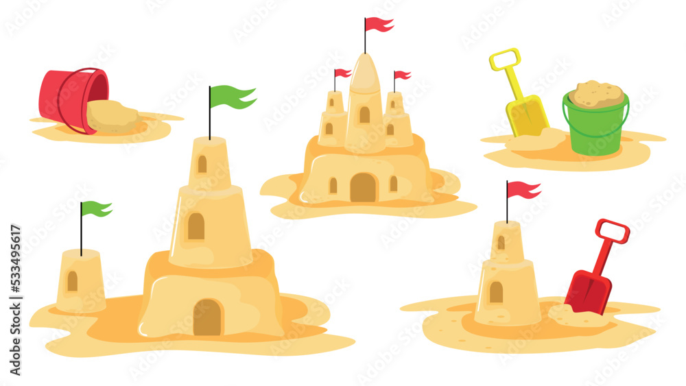 Set of sand castles in cartoon style. Vector illustration of fun in the ...