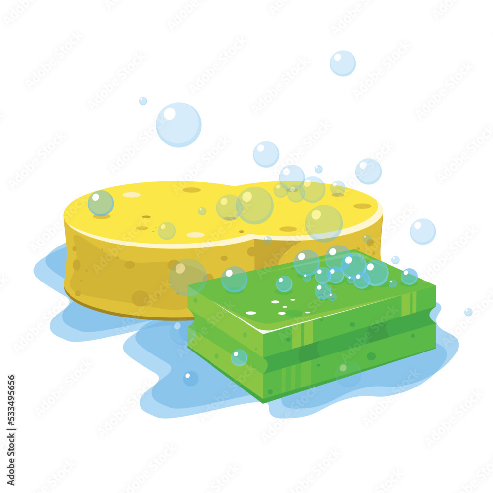 Vector illustration of beautiful soap sponges. Home cleaning equipment, large and small sponges ...