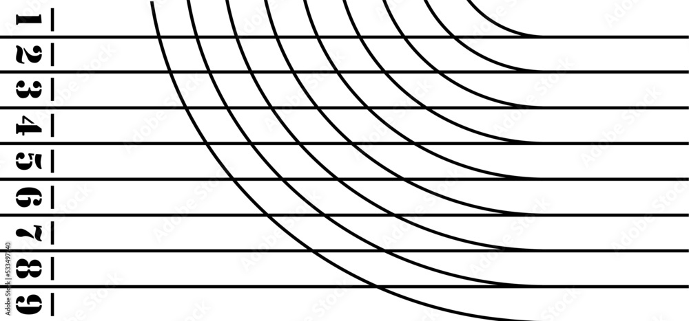 Cartoon running track with lane numbers or track numbers. Place where ...