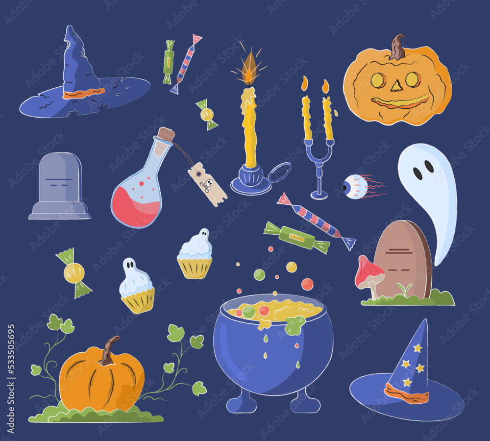 Vetor do Stock: halloween set, brush outline. Tombstone with ghost and ...