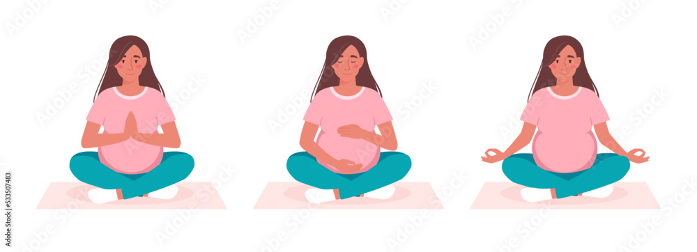 Pregnant woman is doing yoga. The girl sits in different poses, asanas ...