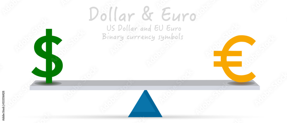 US Dollar Euro versus on scale. Parity USD EUR symbols balanced on ...