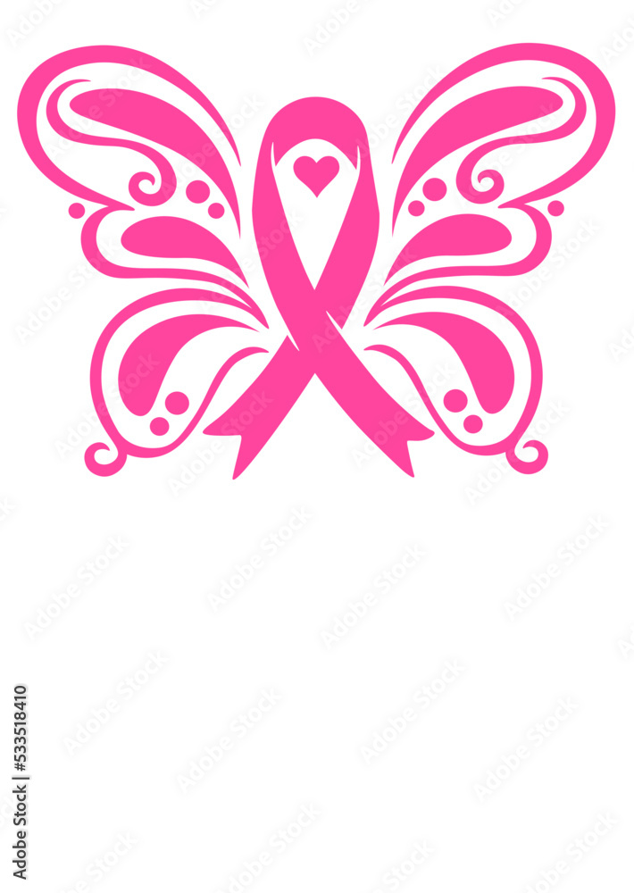 Butterfly Pink ribbon sign. Breast Cancer Awareness month October ...