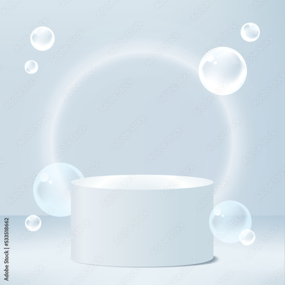 3d rendering floating podium and water drops above blue ocean and ...