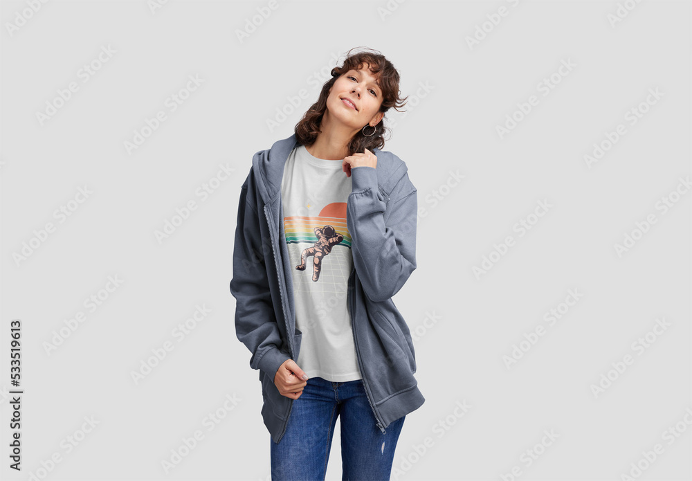 Woman Wearing an Open Zip-Up Hoodie with a Shirt Mockup Under Stock ...