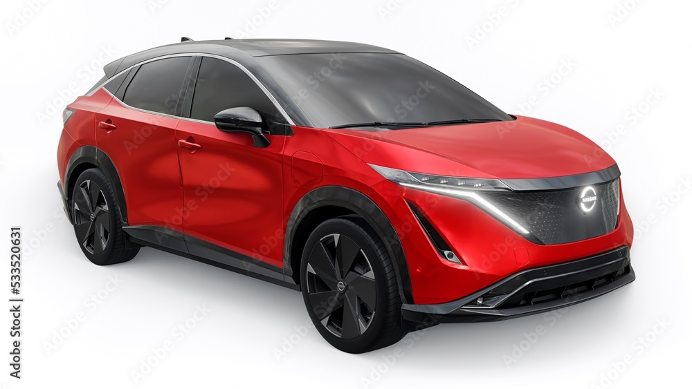 Tokyo. Japan. September 25, 2022. Nissan Ariya 2020. Red electric SUV ...