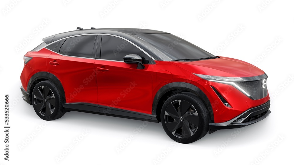 Tokyo. Japan. September 25, 2022. Nissan Ariya 2020. Red electric SUV ...