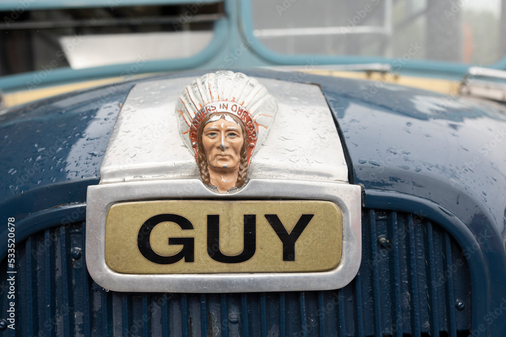 front grille of a blue vintage guy bus, public transport Stock Photo ...