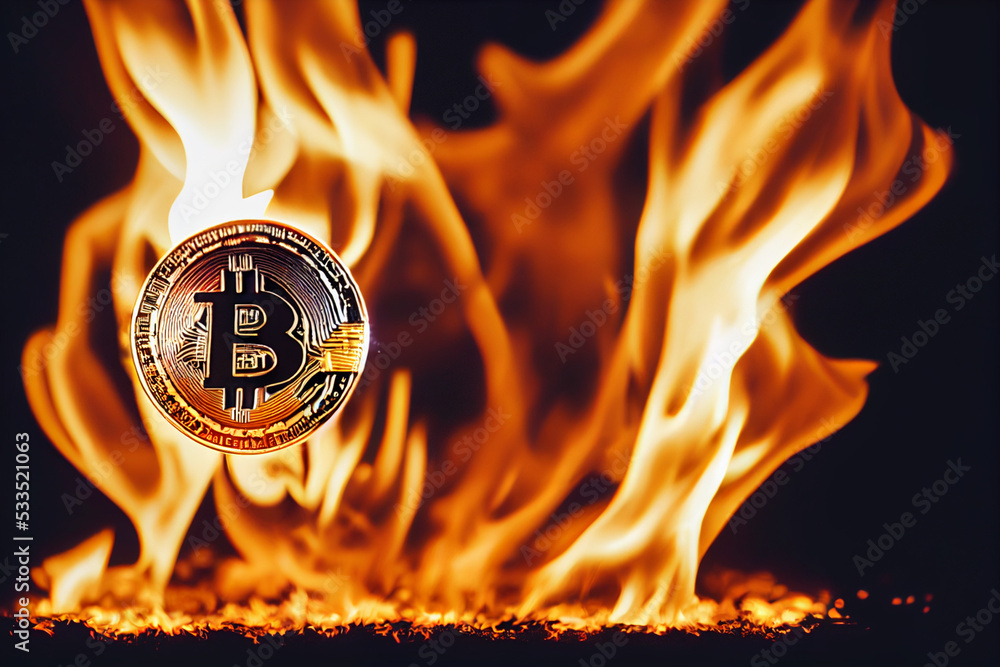 Bitcoin BTC bit coin icon logo on fire, symbol, sign, 3d representation ...