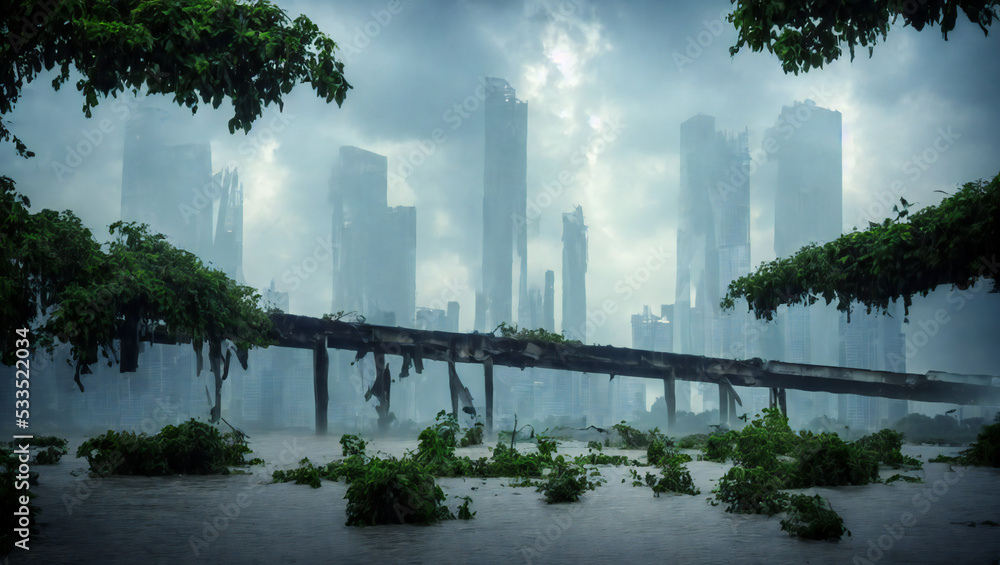 abandoned post-apocalyptic city, destroyed bridge in flooded cityscape ...