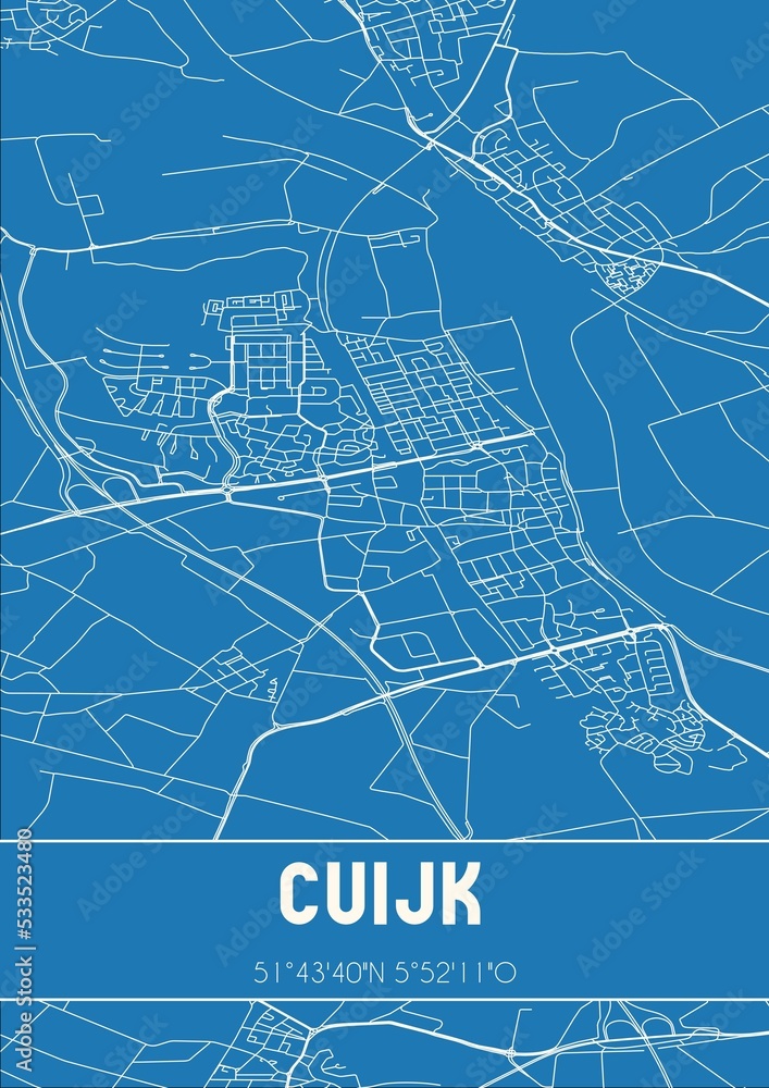Blueprint of the map of Cuijk located in Noord-Brabant the Netherlands ...