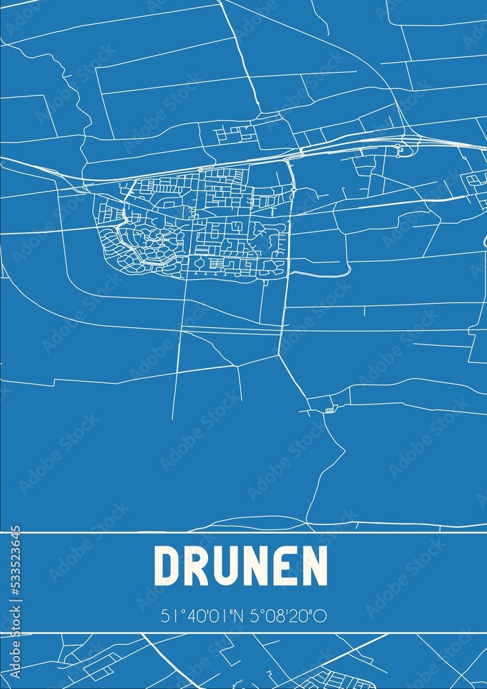 Blueprint of the map of Drunen located in Noord-Brabant the Netherlands ...