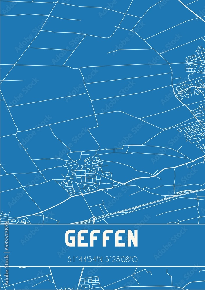 Blueprint of the map of Geffen located in Noord-Brabant the Netherlands ...