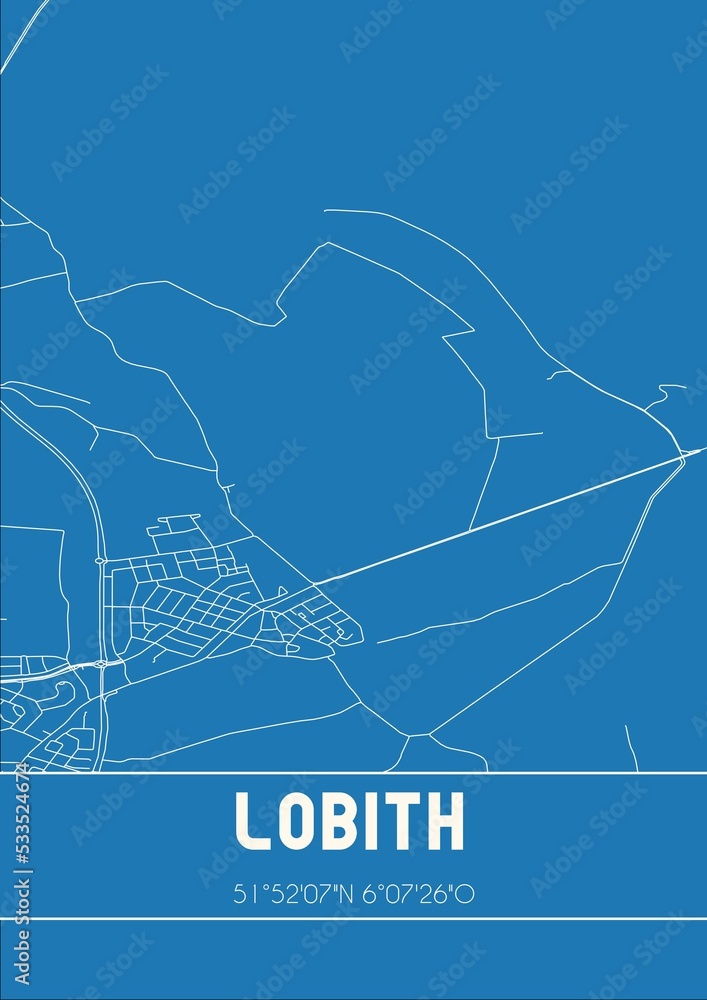 Blueprint of the map of Lobith located in Gelderland the Netherlands ...