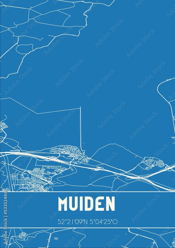 Blueprint of the map of Muiden located in Noord-Holland the Netherlands ...