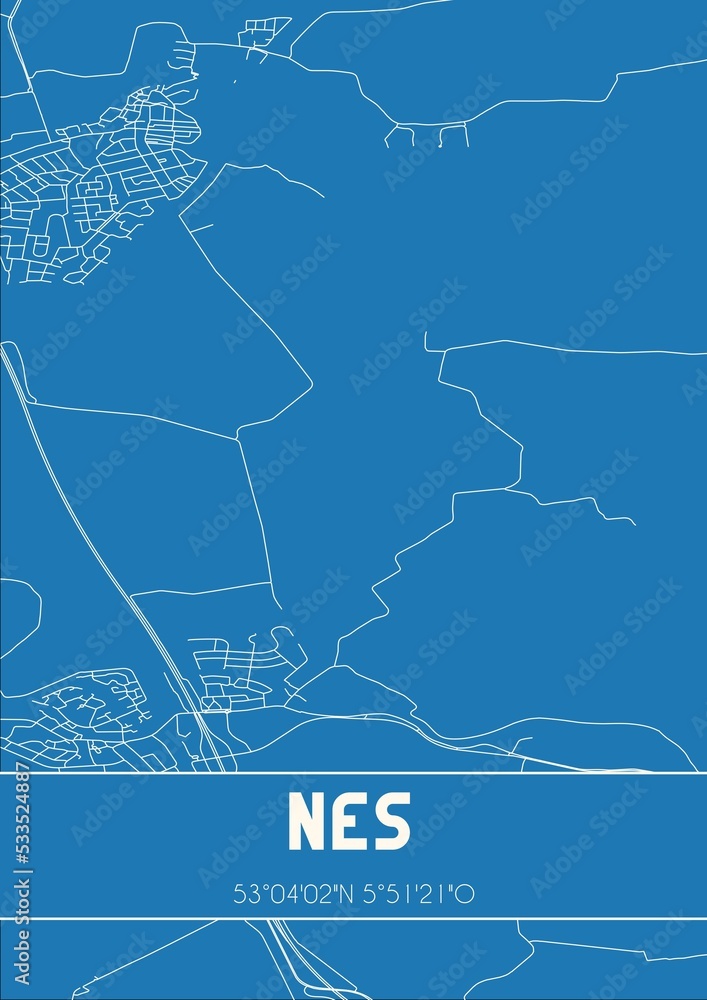 Blueprint of the map of Nes located in Fryslan the Netherlands ...