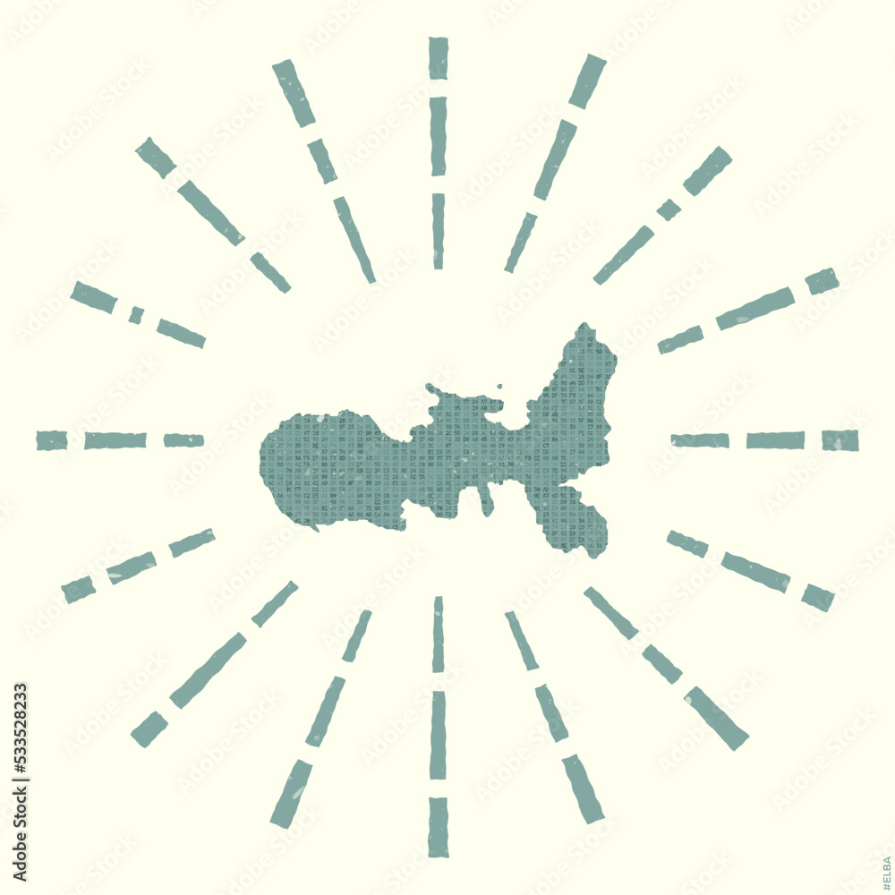 Elba Logo. Grunge sunburst poster with map of the island. Shape of Elba ...