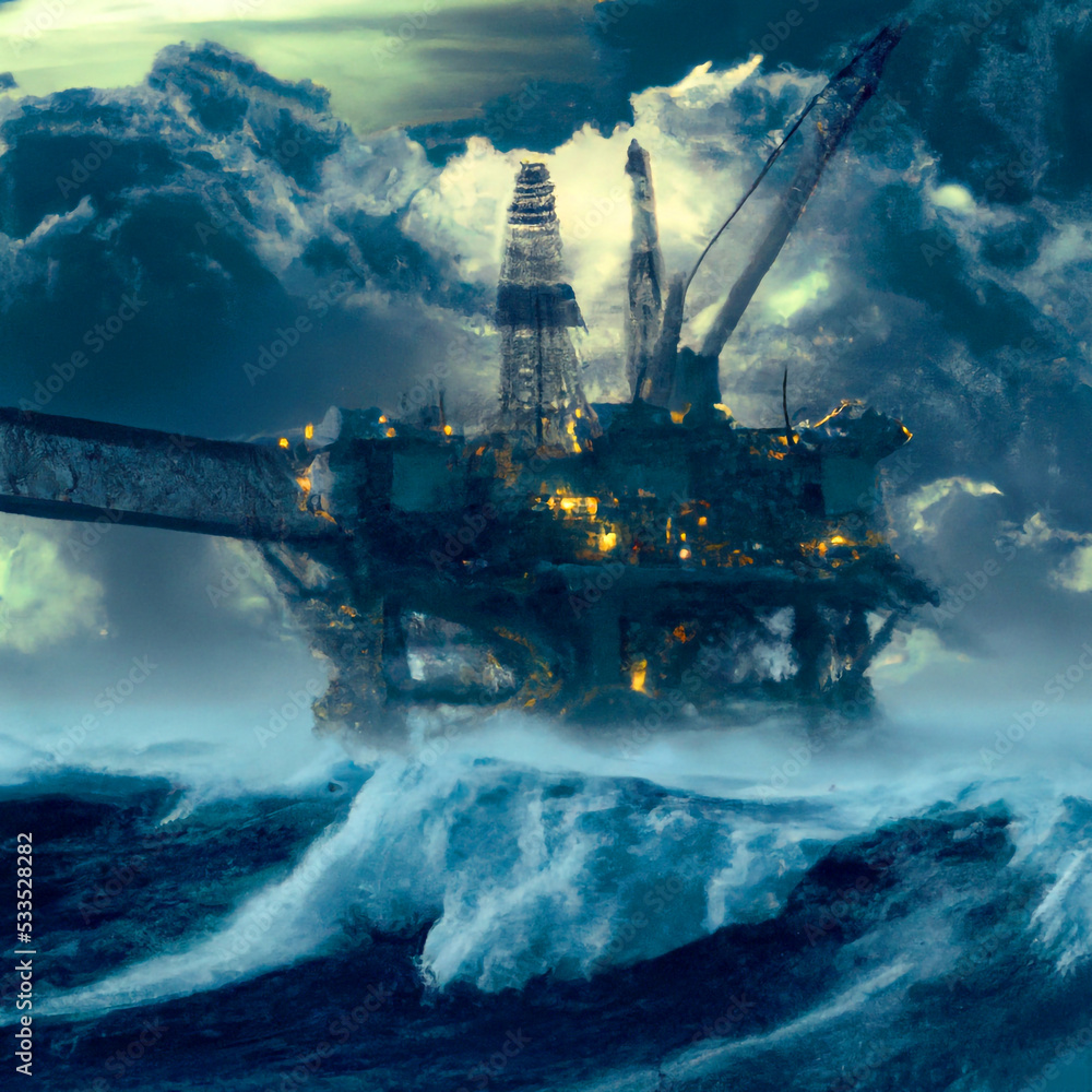 Digital illustration of oil rig platform in stormy open ocean waters ...