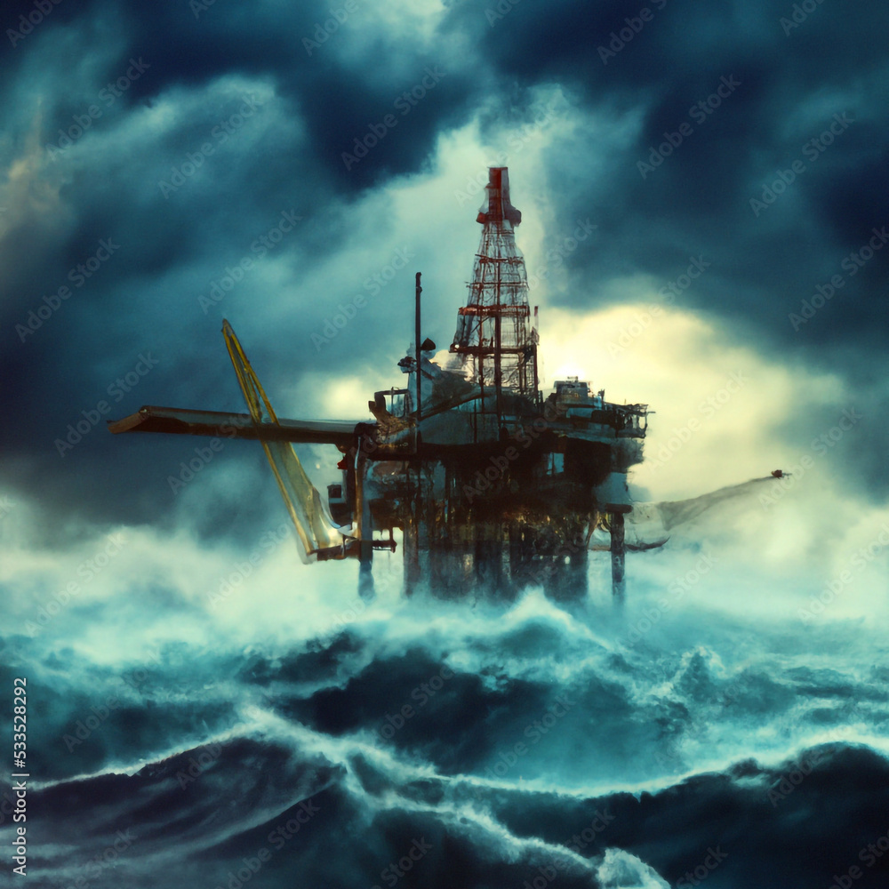 Digital illustration of oil rig platform in stormy open ocean waters ...