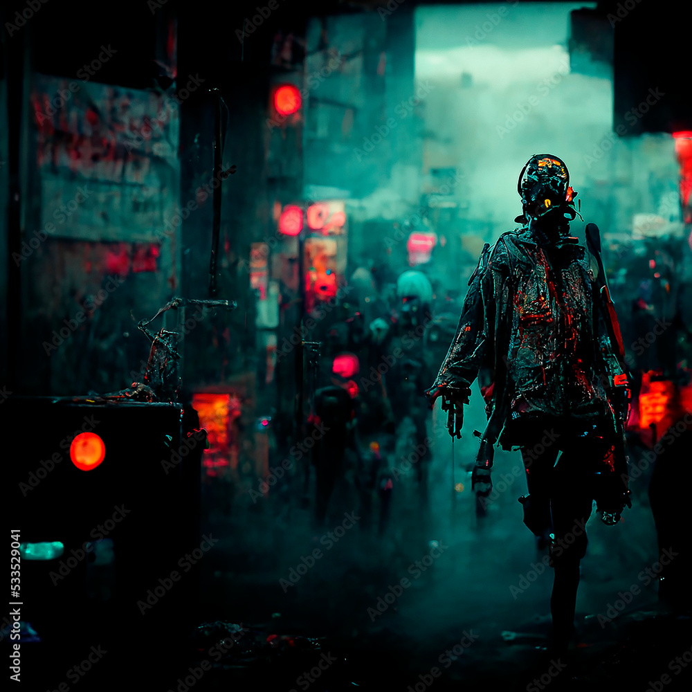 Cyberpunk zombie in apocalyptic city. AI generated Stock Illustration ...