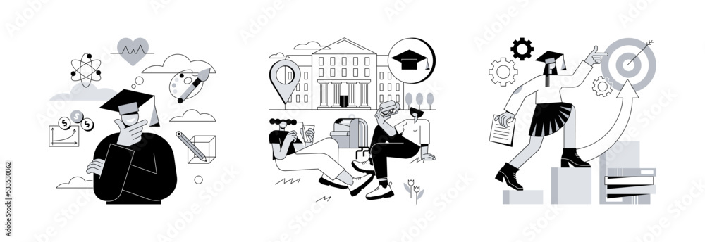 Vetor de Student life abstract concept vector illustration set. College ...