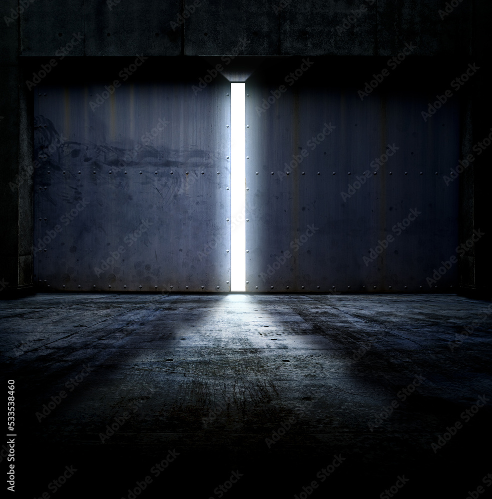 Opportunity, chance, beyond concept. Heavy steel doors opening, opening ...