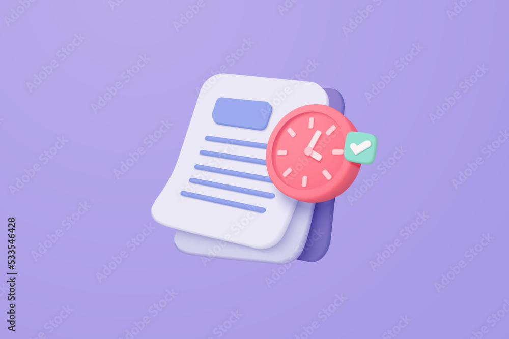 3D minimal document with clock alert on purple background..White ...