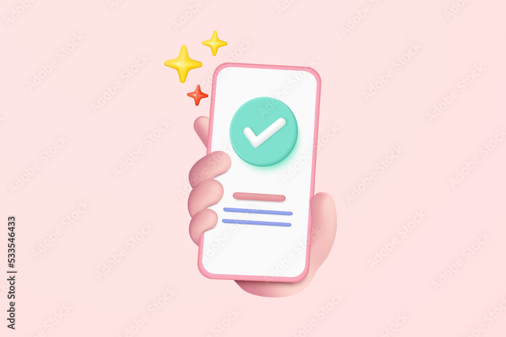 3d check mark icon isolated on mobile phone in holding hand. check list ...