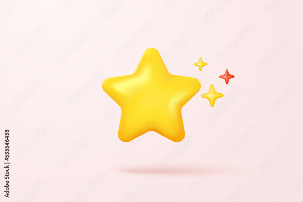 3d yellow stars glossy color icon for game on pink background. Customer rating feedback from ...
