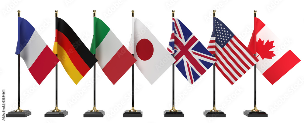 Flags of G7 group of seven and list of countries. Canada, USA states ...