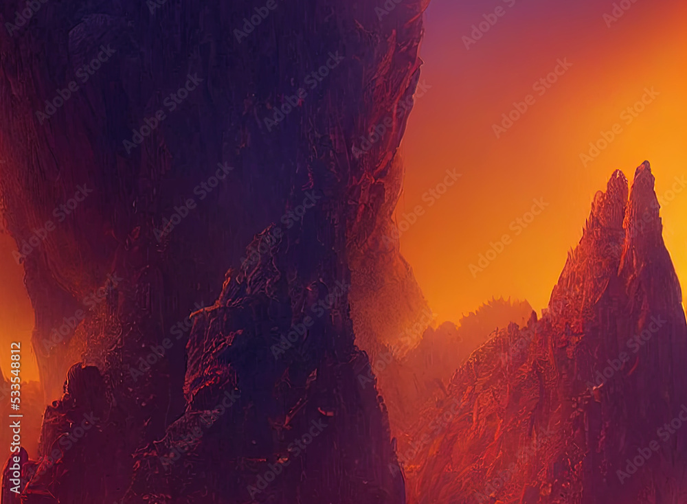 Legendary Mystery Red Fire Burning Mountain at Night. Fantasy Backdrop ...