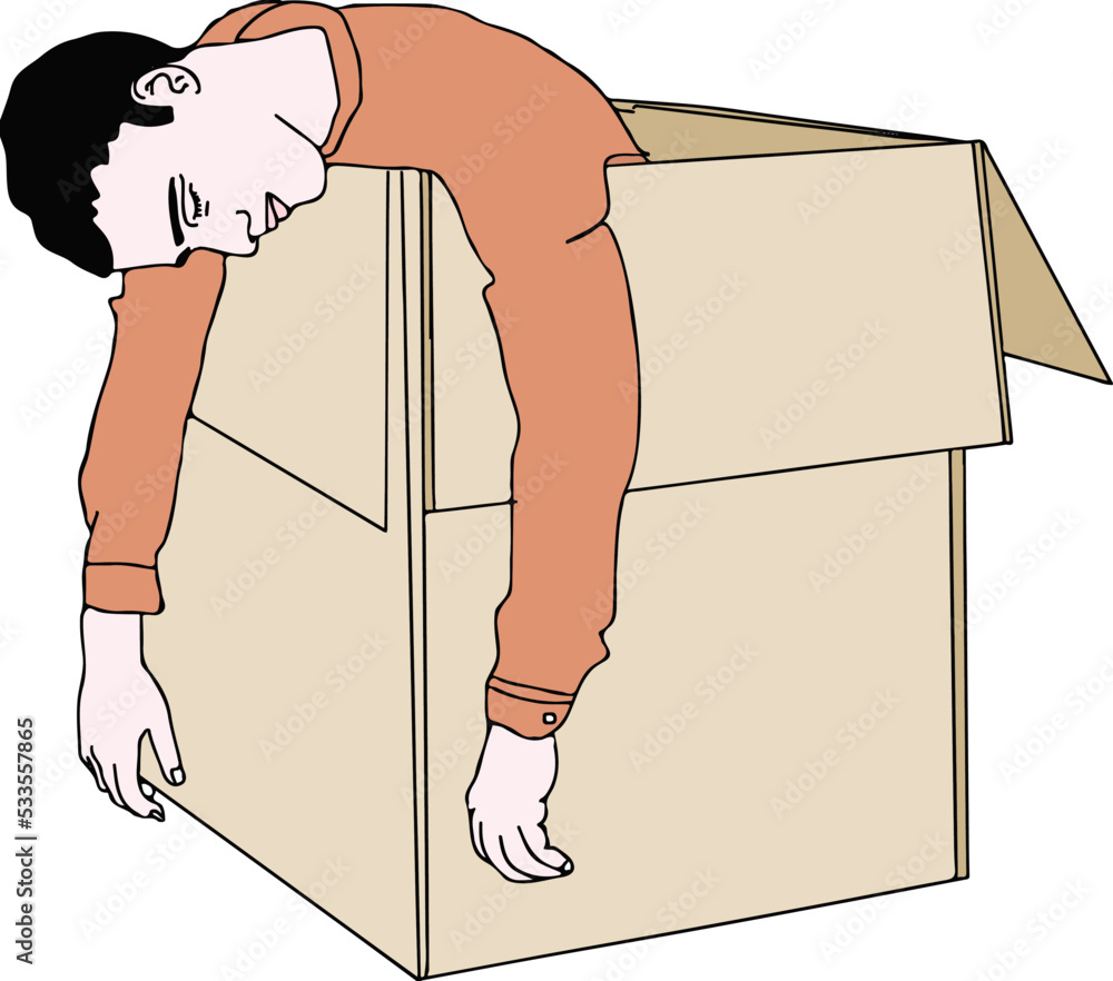 Man sleeping in a box cartoon drawing, Man sleeping in box outline ...