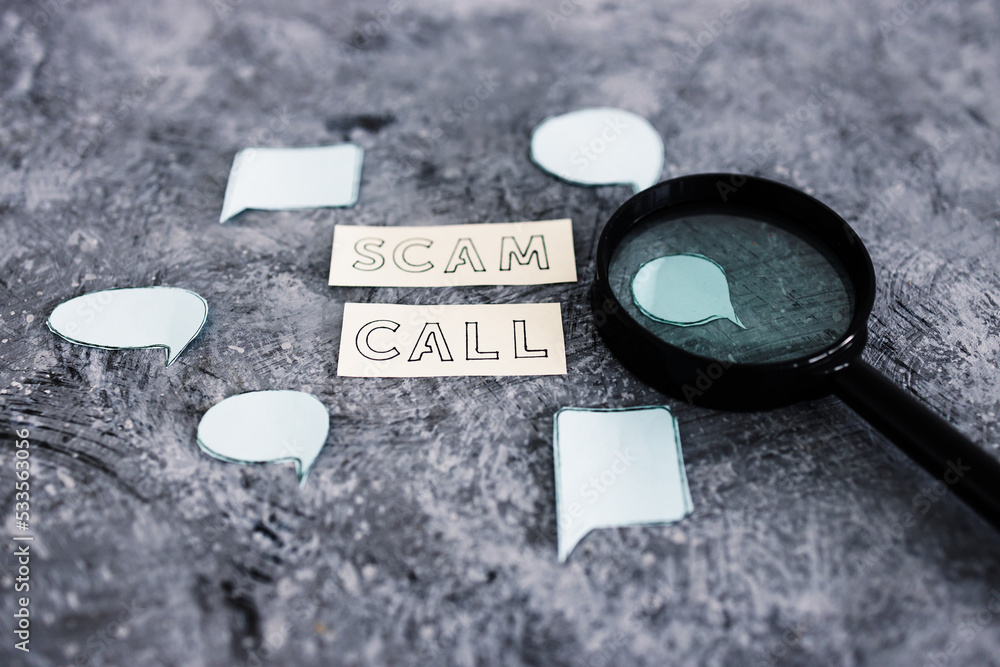 scam calls and personal data theft, text surrounded by comic bubbles ...