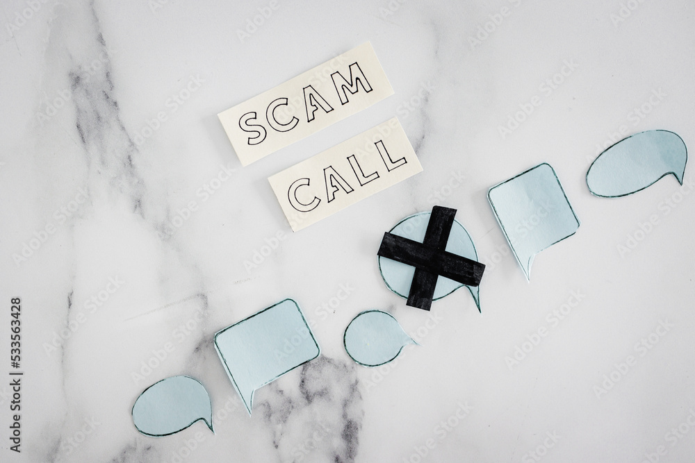 scam calls and personal data theft, text with comic bubbles with one of ...